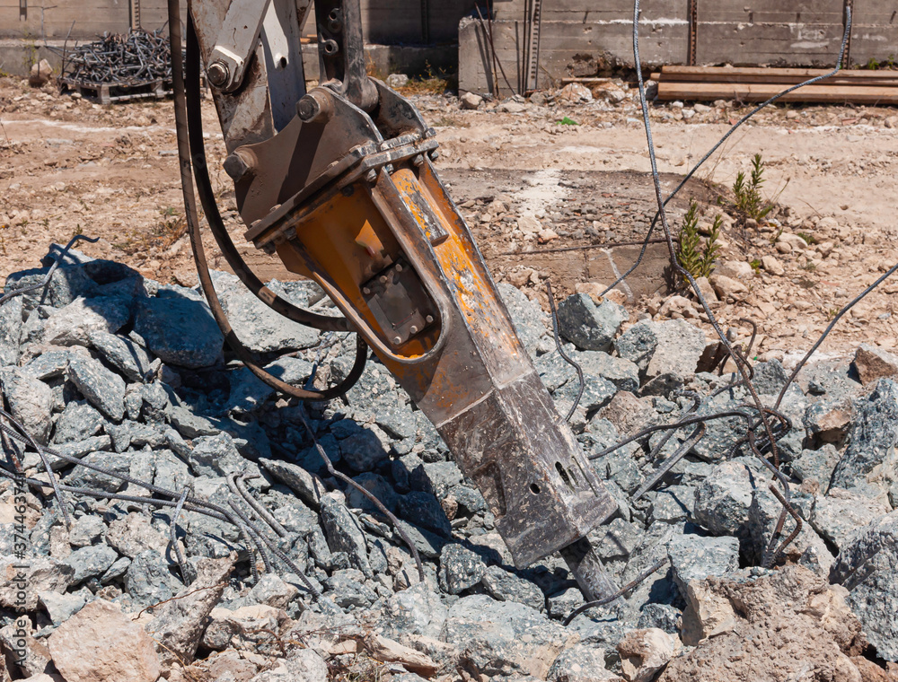 Concrete rubble debris on construction site, Crushed concrete slabs and ...