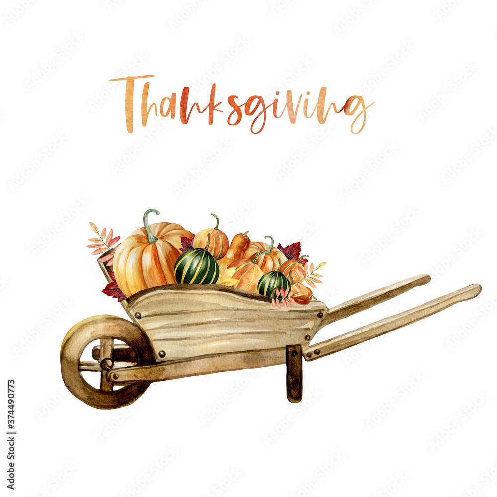 Watercolor composition of vintage wooden wheelbarrow with orange and ...