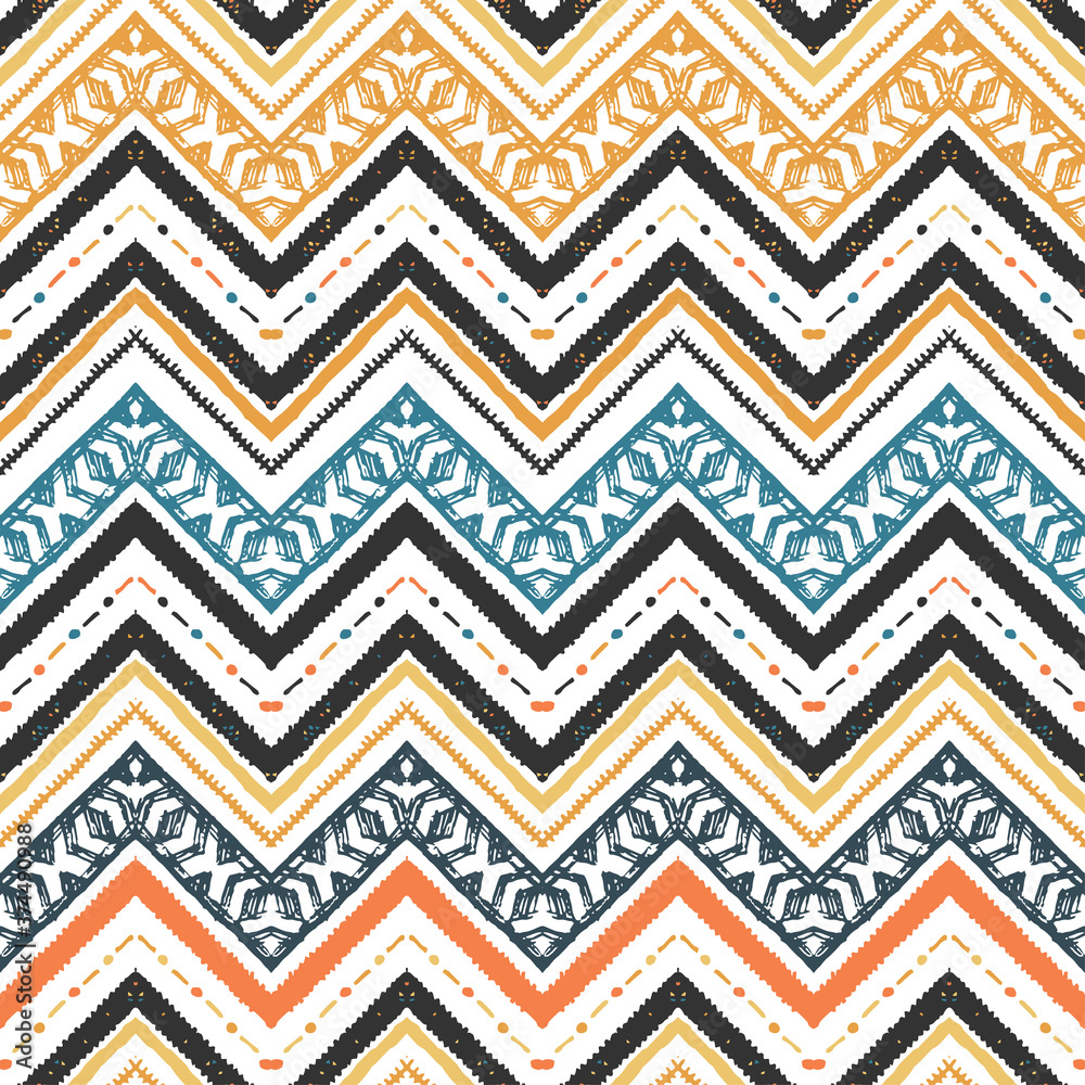 Seamless ethnic zigzag chevron pattern. Hand drawn colorful geometric background. Striped tribal ...