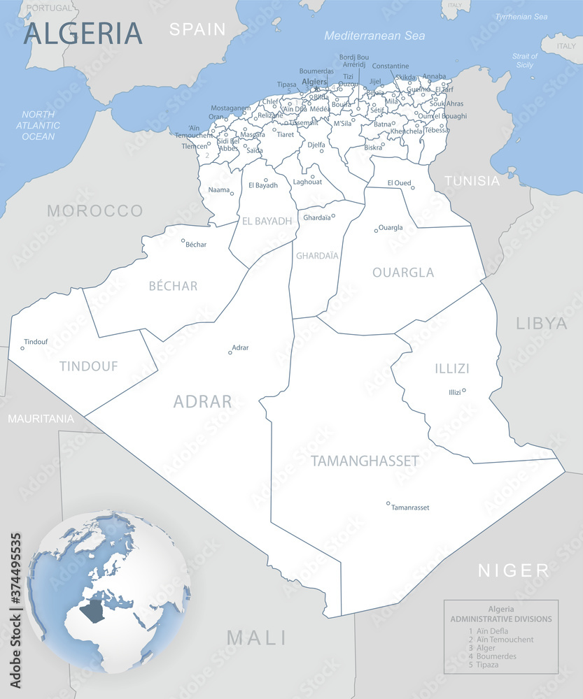 Stock-Vektorgrafik „Blue-gray detailed map of Algeria administrative ...
