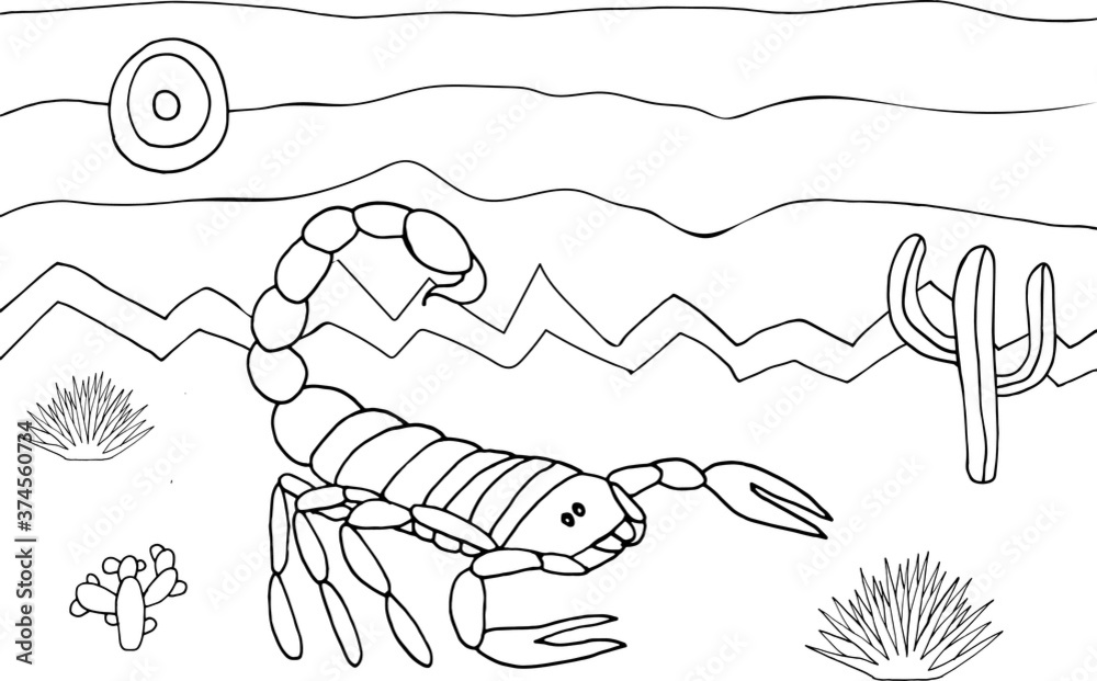 Coloring book with cute scorpion and desert landscape. Hand drawn ...
