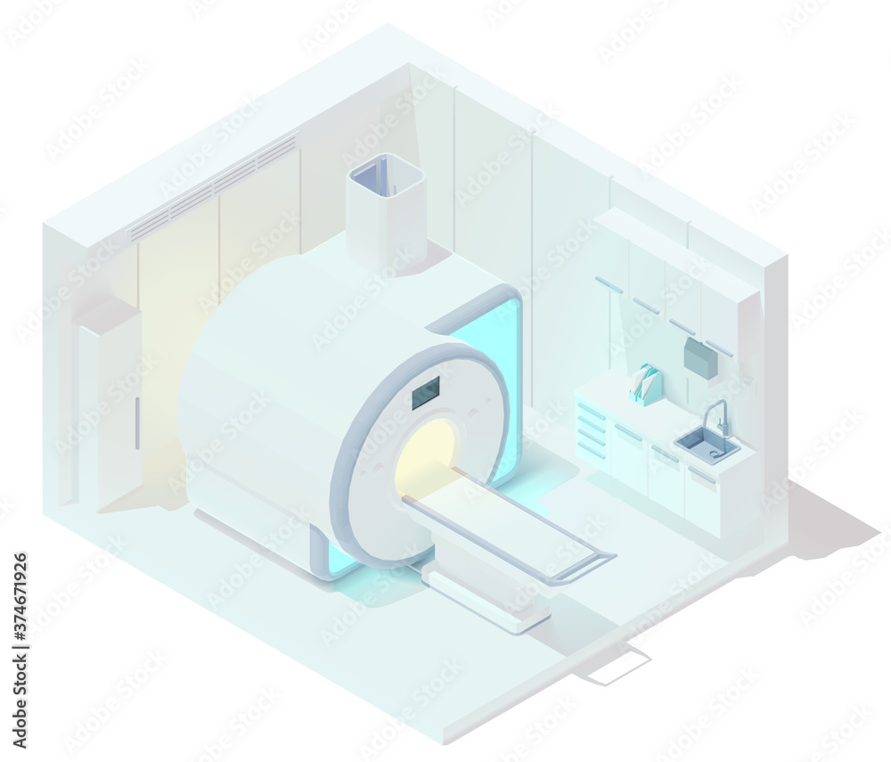 Vector isometric low poly MRI room interior with radiography equipment ...