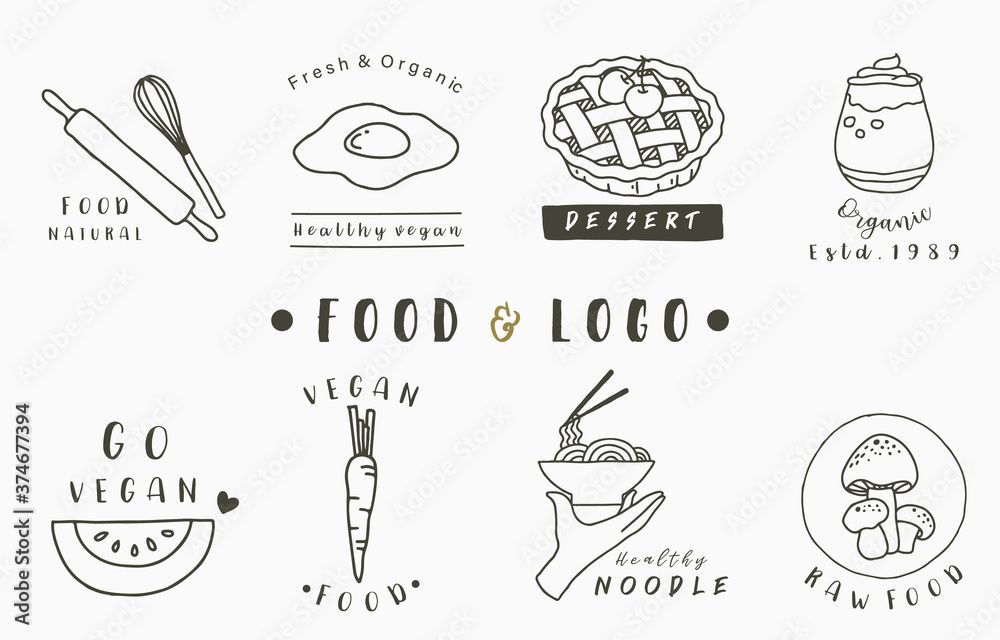 food logo collection with pie,drink,noodle,mushroom.Vector illustration ...