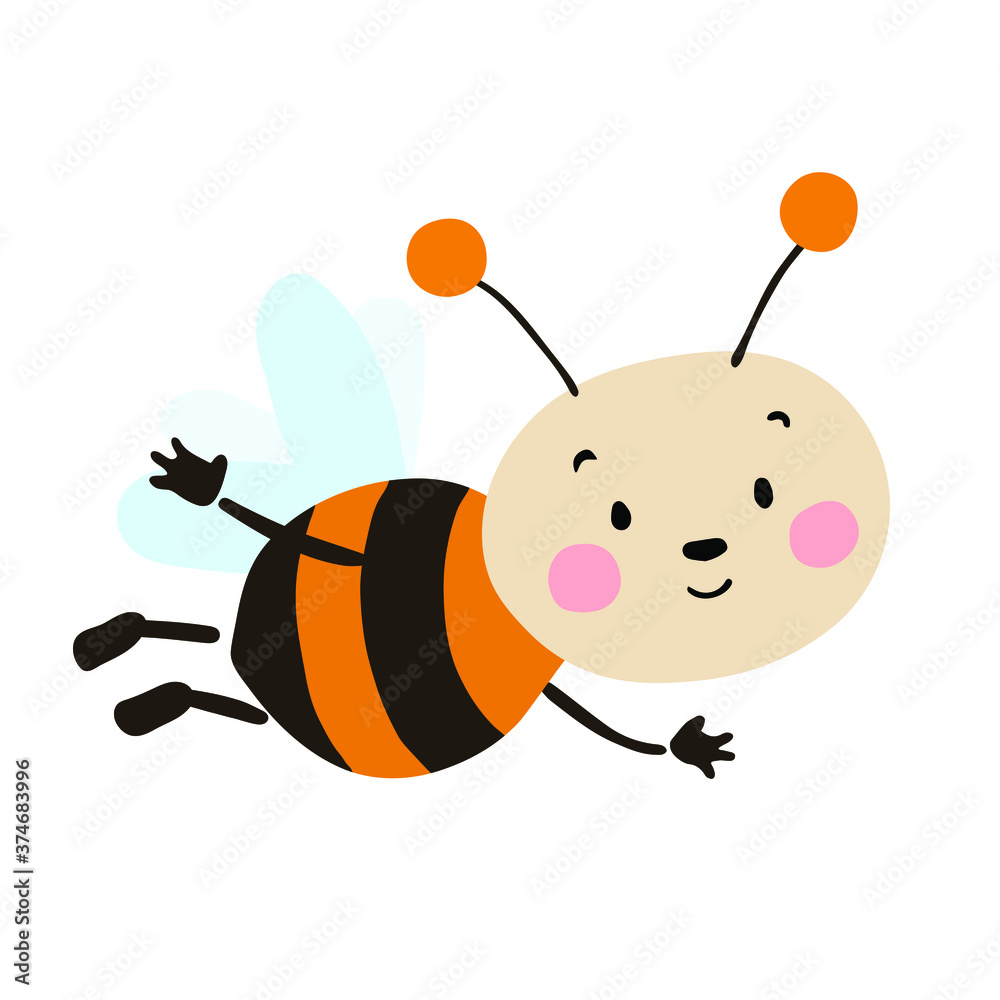Bee flies. Vector illustration of a flying bee in a cute kind childish ...