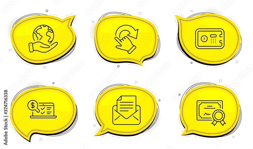 Mail correspondence sign. Diploma certificate, save planet chat bubbles. Safe box, Online ...