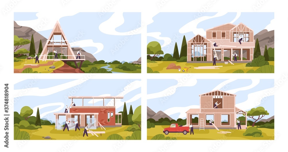 Professional builders constructing modern private houses from bricks ...