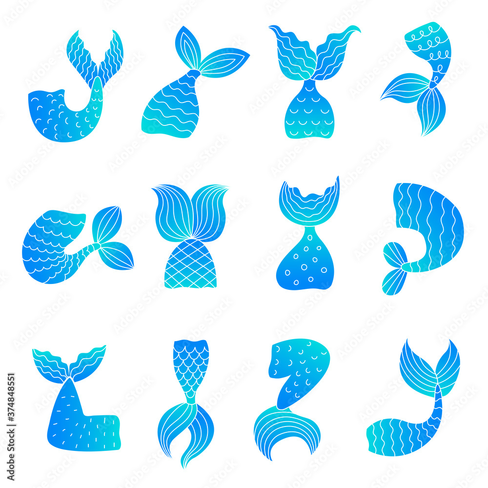 Mermaid tails. Drawing ocean marine symbols of fairy tail woman fish ...
