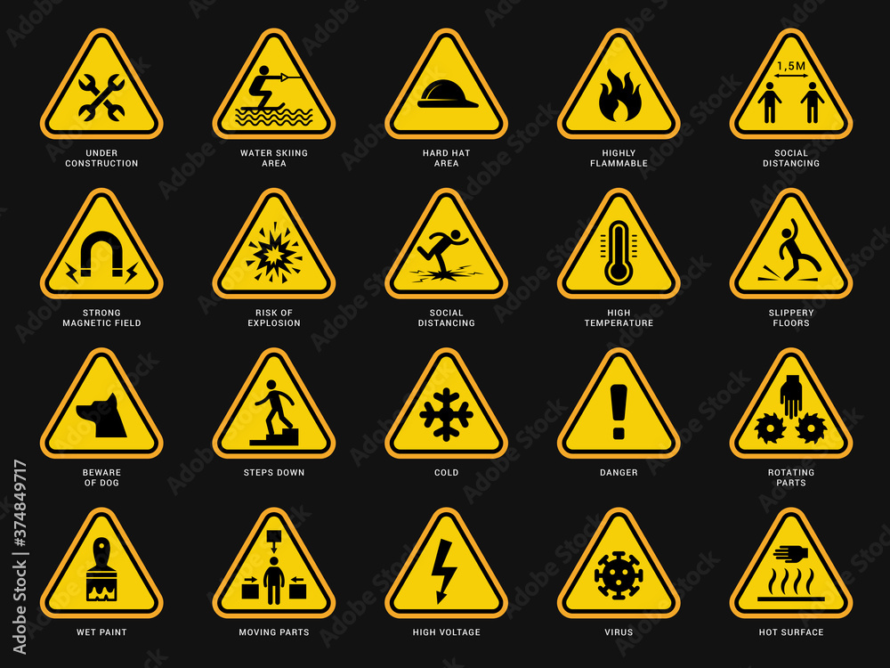 Yellow warning symbols. Triangle signs with danger symbols attention ...