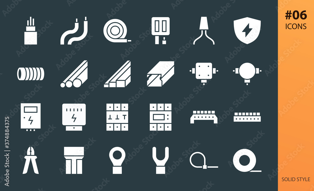 Electricity glyphs icon set. Set of cable hank, electrical wires, cord ...