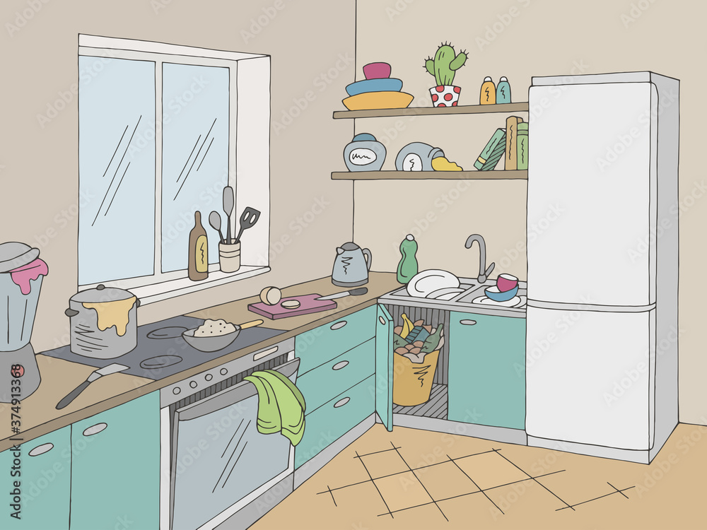 Kitchen mess room graphic color home interior sketch illustration ...