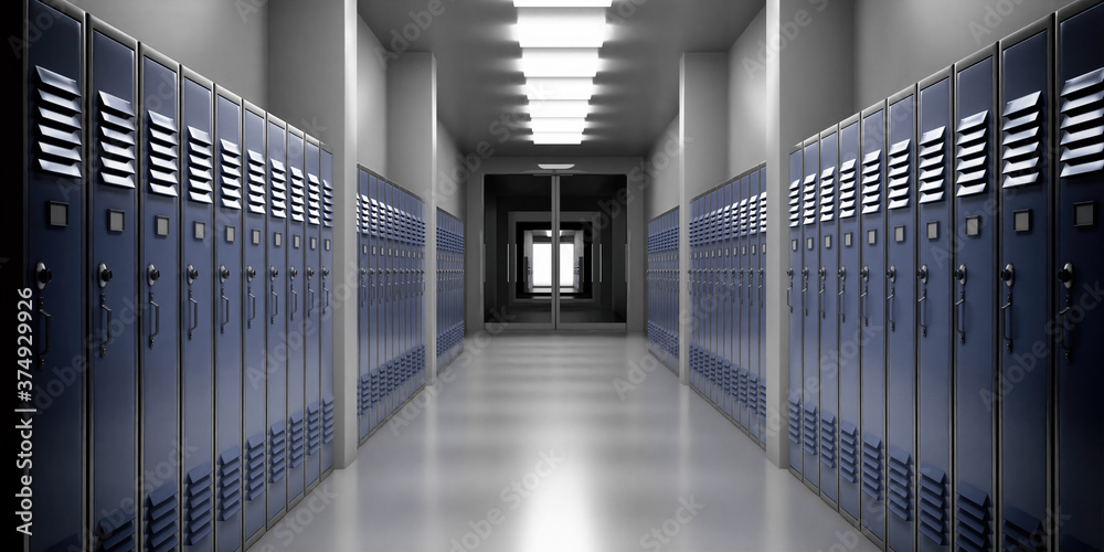 High school lobby with blue color lockers, perspective view. Fitness ...