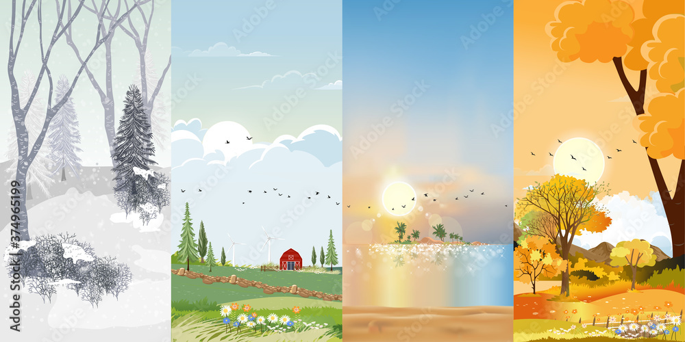 Set Vertical banner landscape natural backgrounds of four seasons ...