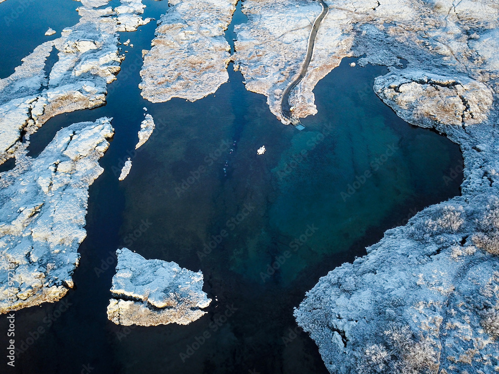 Aerial view of the Silfra rift and the North American and Eurasian ...