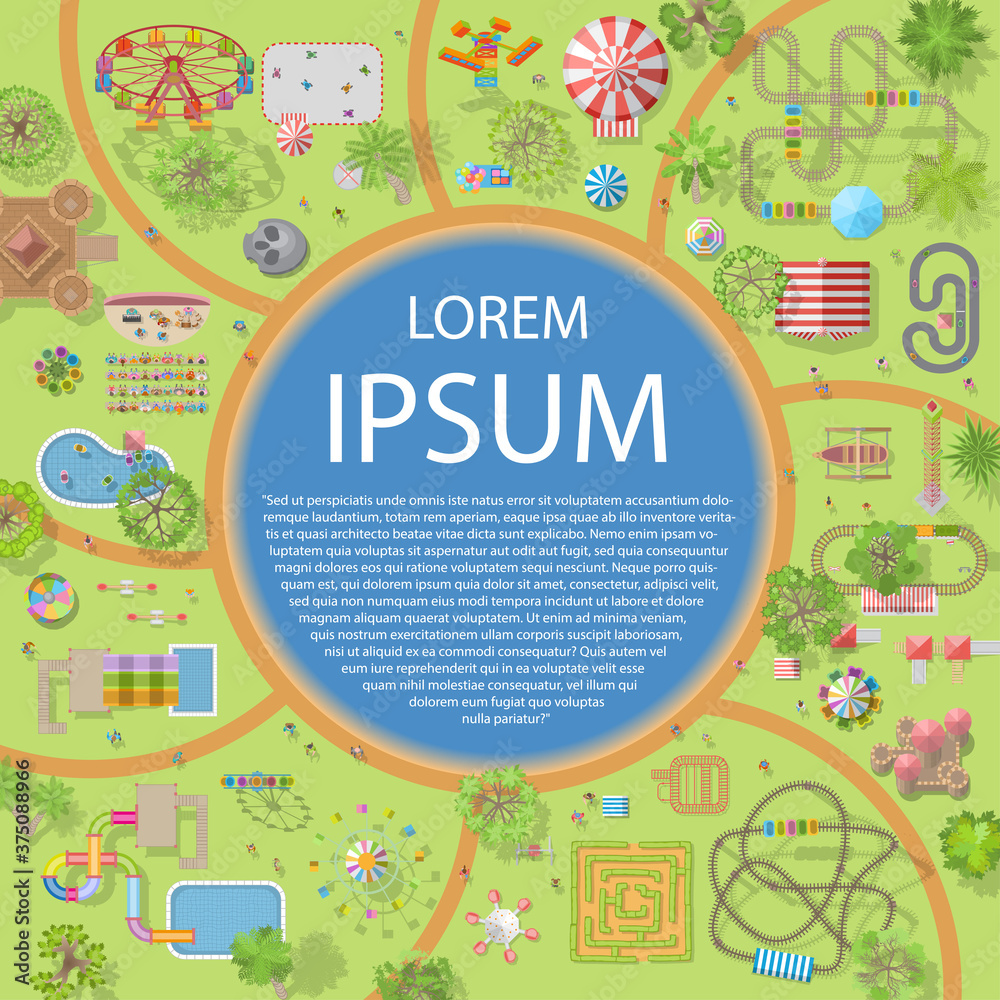 A vector illustration of amusement park map. (Top view) Attractions ...