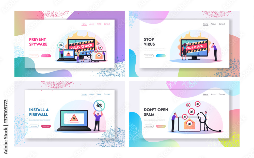 Trojan Worm in Pc Landing Page Template Set. Tiny Characters at Huge ...