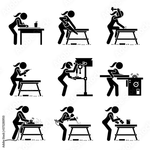 Female carpenter making wooden craft with industrial tools and ...