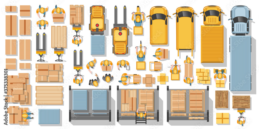 เวกเตอร์ Stock Warehouse and delivery. Top view. Vector set. Machines ...