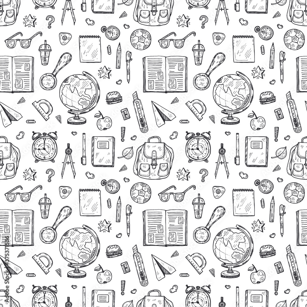 Seamless pattern with cute hand drawn educational tools including ...