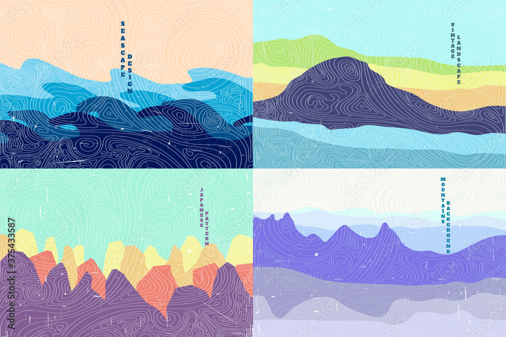 Vector illustration landscape. Wood surface texture. Hills, seascape ...