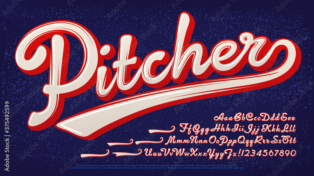 Pitcher script alphabet: A baseball style two-color logo font. 素材庫向量圖 ...