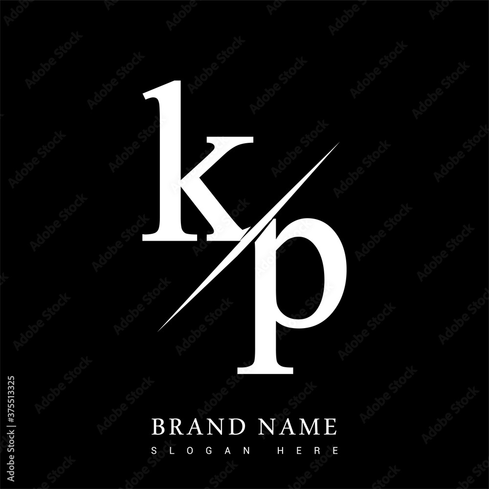 initial logo letter KP for company name black and white color and slash ...