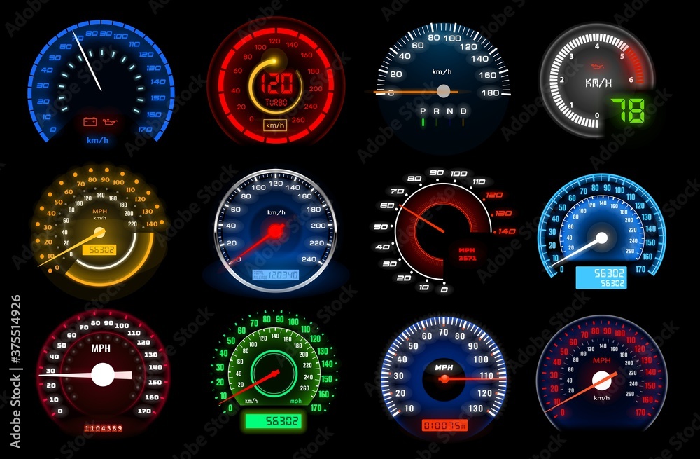 Speedometers, speed indicator vector dashboard dial scales for auto ...