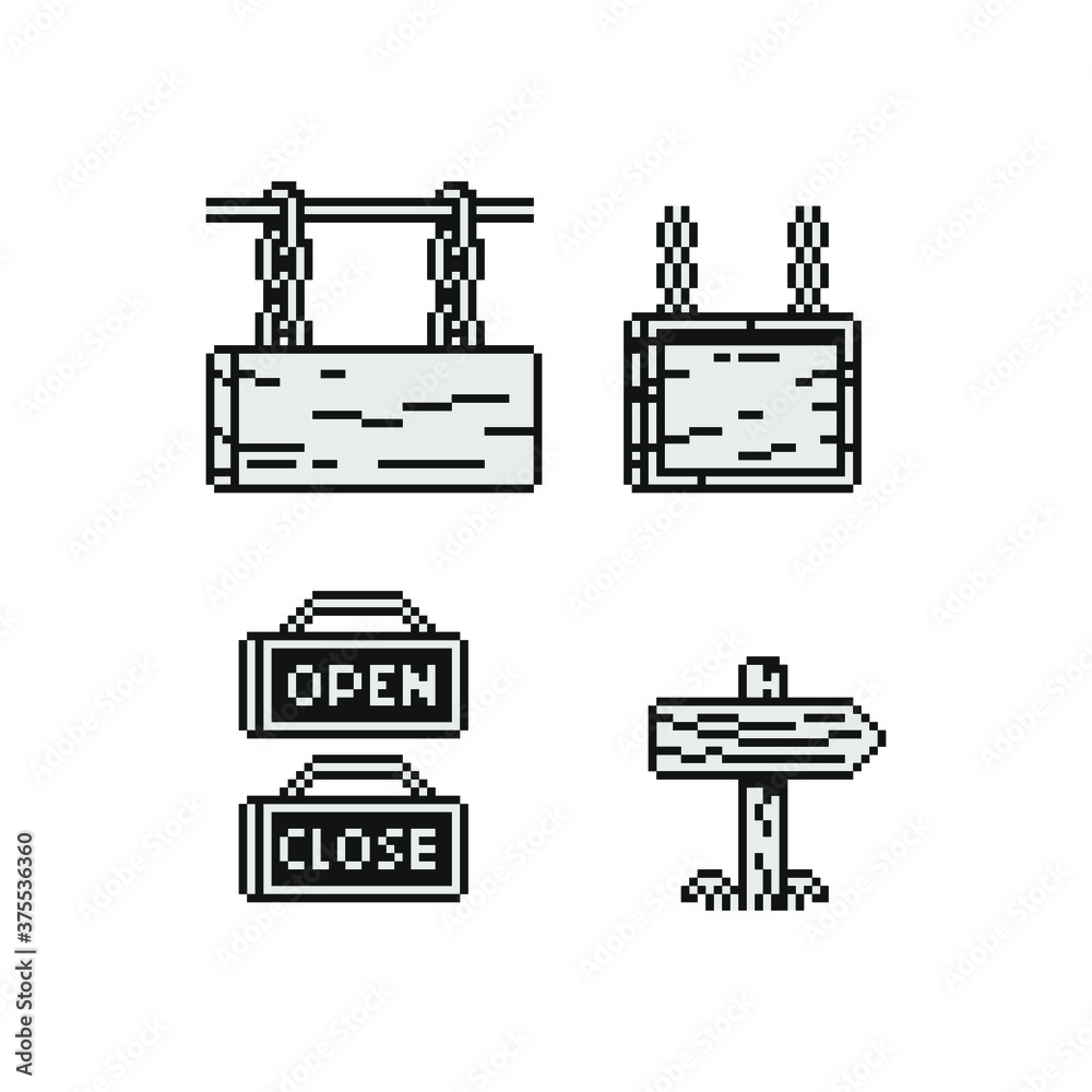 Signboards set. Pixel art flat style. Wooden signboard, stop sign ...