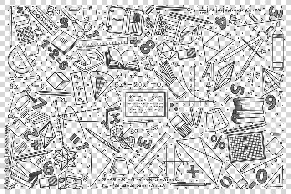 Mathematics doodle set. Collection of hand drawn sketches templates ...