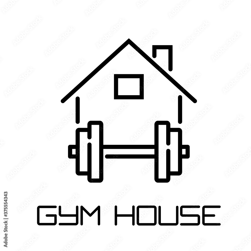 Sala de gimnasia en el hogar. Logotipo lineal texto Gym House con barra ...