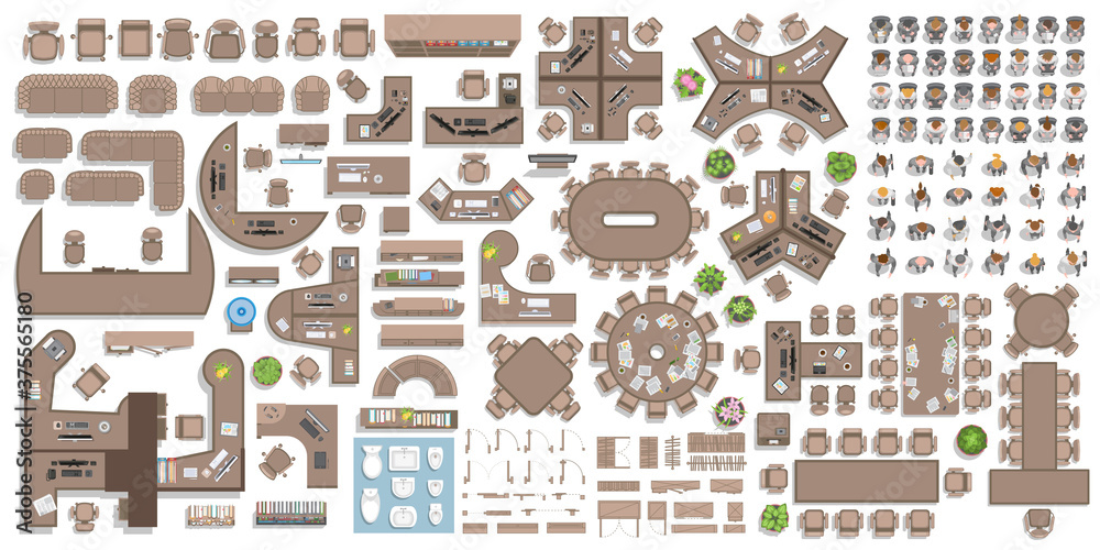 Vector set of office. People at work and office furniture. (top view ...