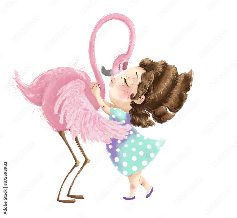 little girl hugs flamingo. Colored pencils painted texture. Stock ...