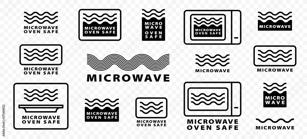 Microwaves flat linear icons set. Symbol for the safety of using cookware in a microwave oven ...
