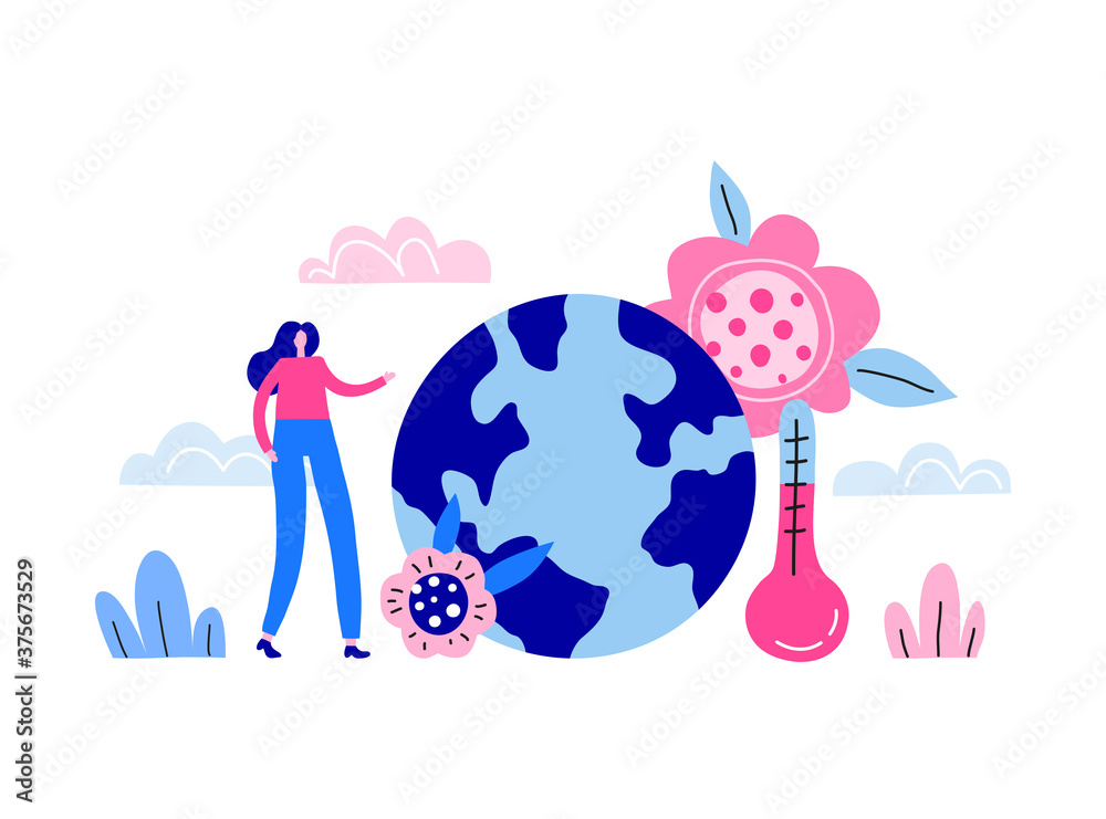 Global warming, climate change concept illustration. Tiny woman ...