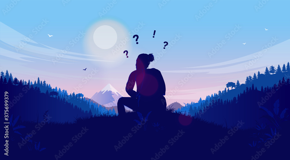 Female person sitting in nature thinking and wondering - Woman looking ...