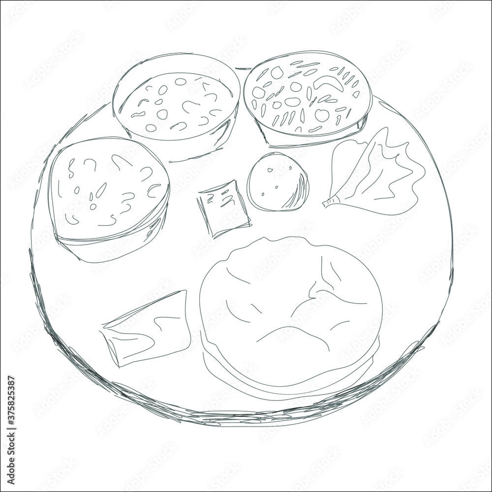 black and white pencil drawing indian food. salad, chutney, dal, masala ...
