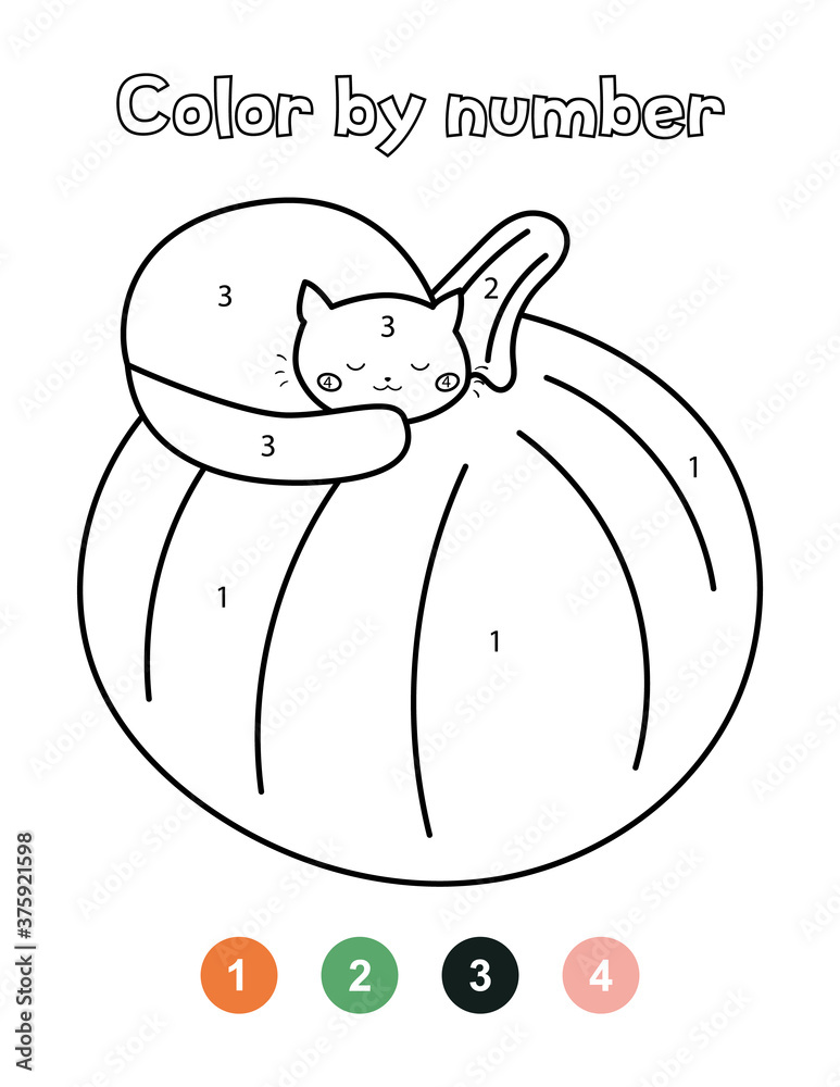 Color by numbers. Halloween educational activity worksheet. Cute cat is ...