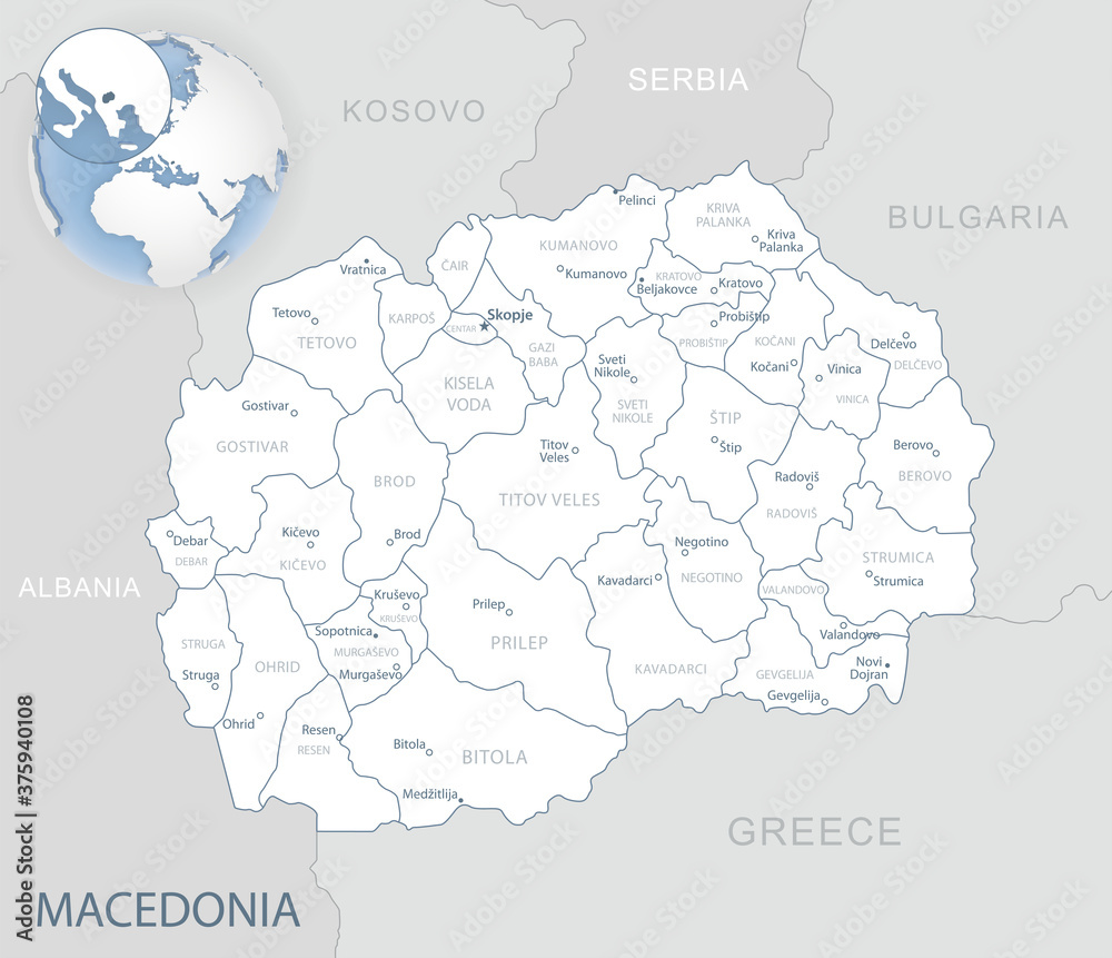 Blue-gray detailed map of Macedonia administrative divisions and ...