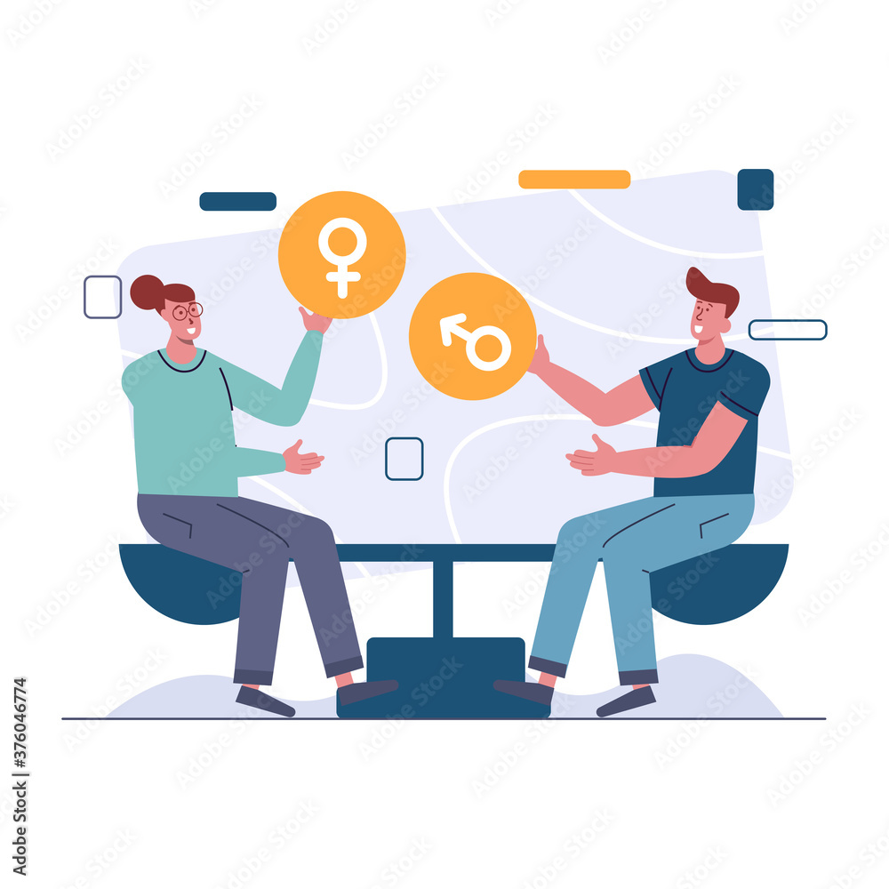 Gender equality, happy man and woman sitting on chairs holding male and ...