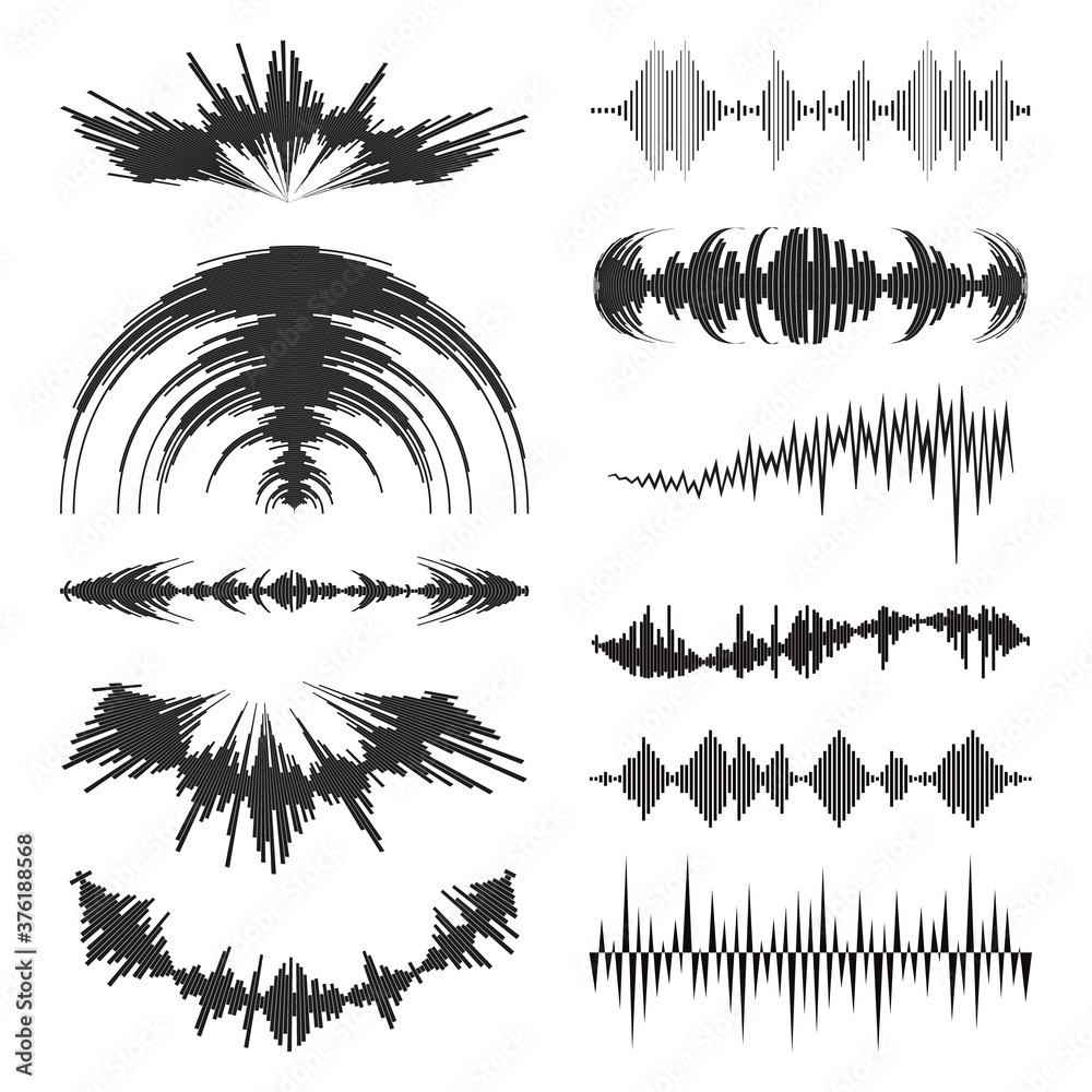 Black music waves logo collection with audio symbols on white ...