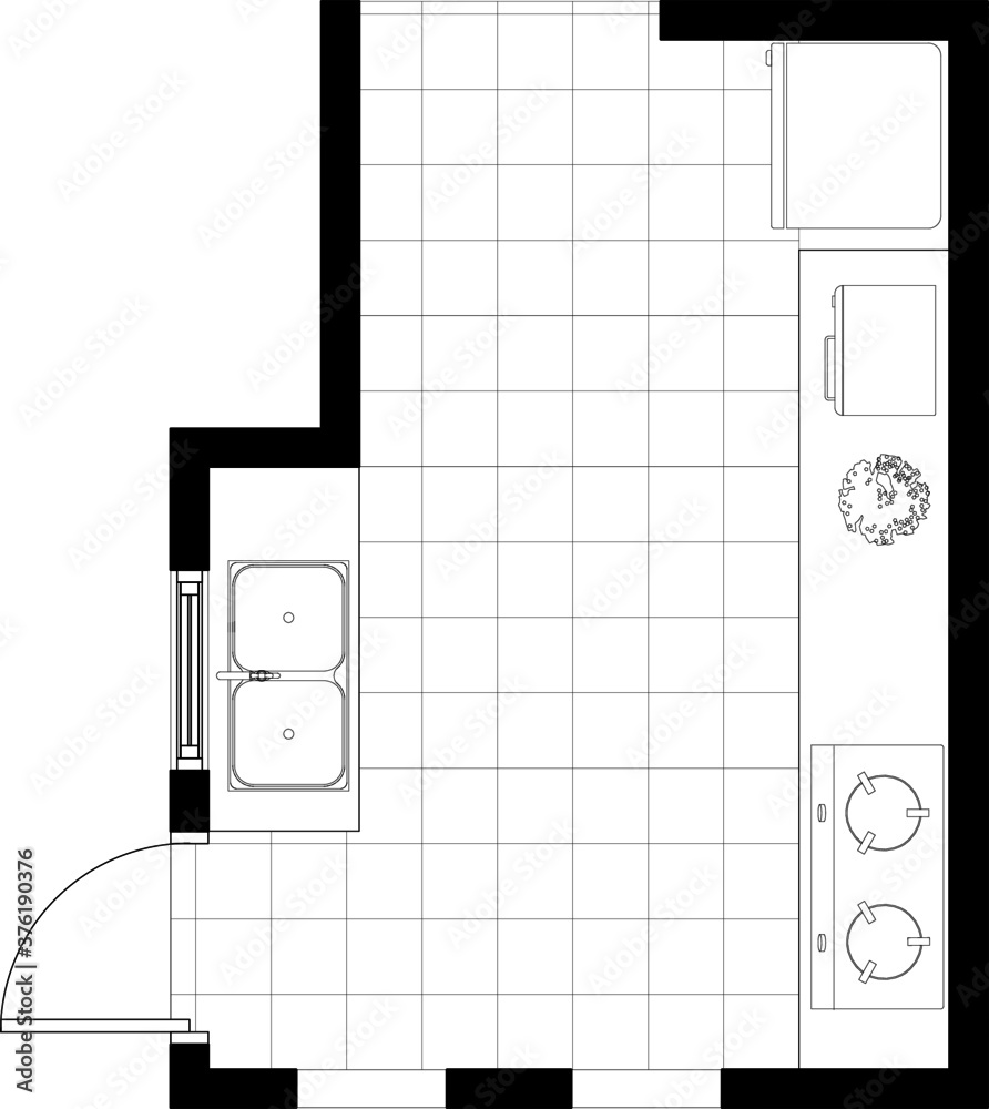 An Image of kitchen plan layout in 2D architectural drawing. Kitchen ...