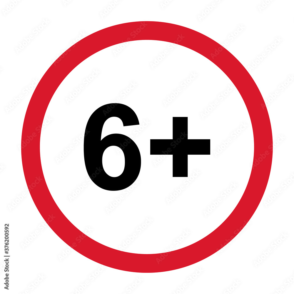 6+ restriction flat sign isolated on white background. Age limit symbol ...