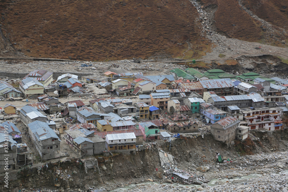 Kedarnath temple aerial view after Kedarnath Disaster 2013. Heavy loss ...