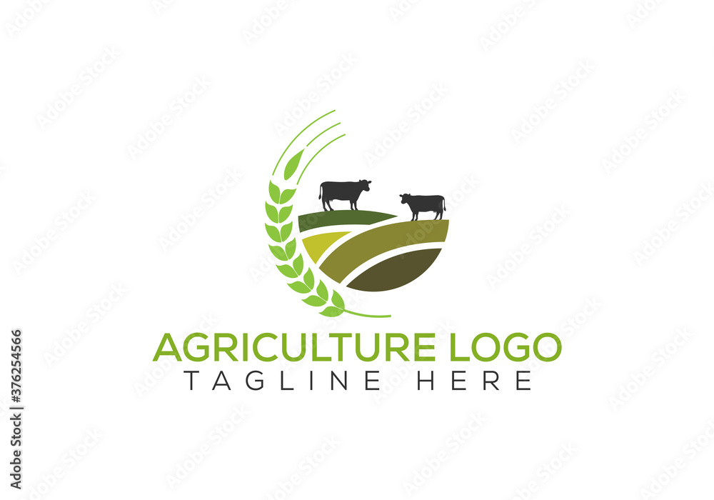 Agriculture and farming with a tractor with cultivator and plow, logo ...