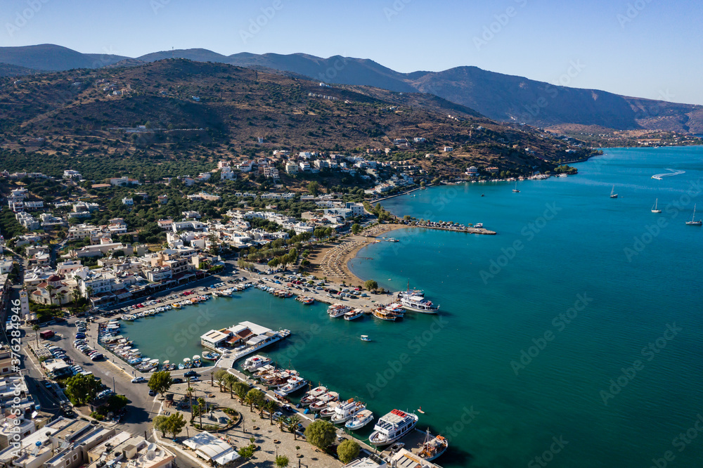 ELOUNDA, CRETE, GREECE - 22 AUGUST 2020: Aerial view of the popular ...