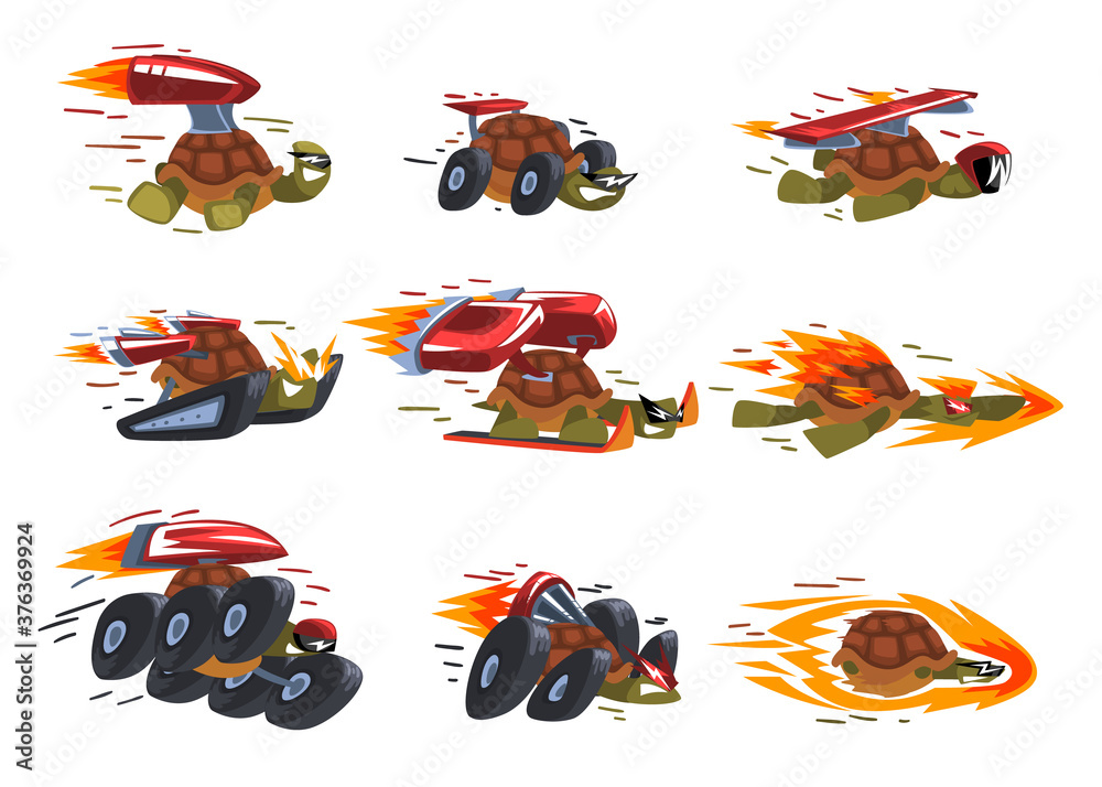 Fast Turtles Collection, Animals Cartoon Characters with Turbo Speed ...