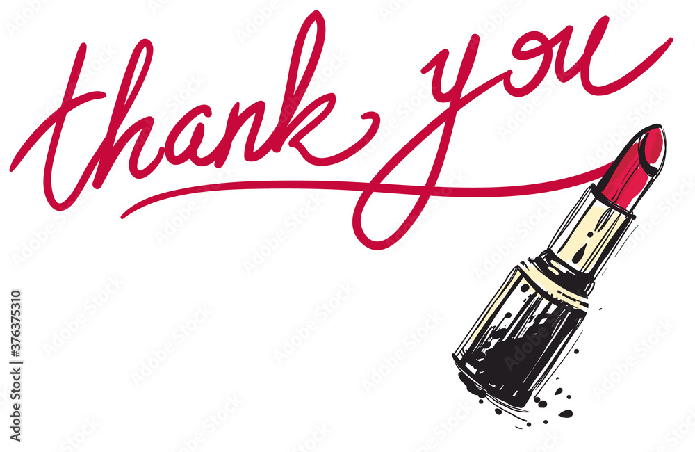 Vector fashion sketch. Hand drawn graphic wine red lipstick and thank ...