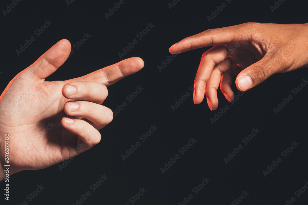 Racial friendship. Ethnic diverse. Closeup african caucasian male hands ...