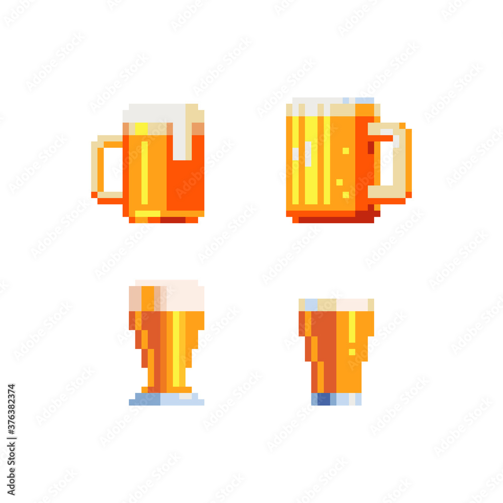 Glass mug of beer pixel art icons set isolated vector illustration ...