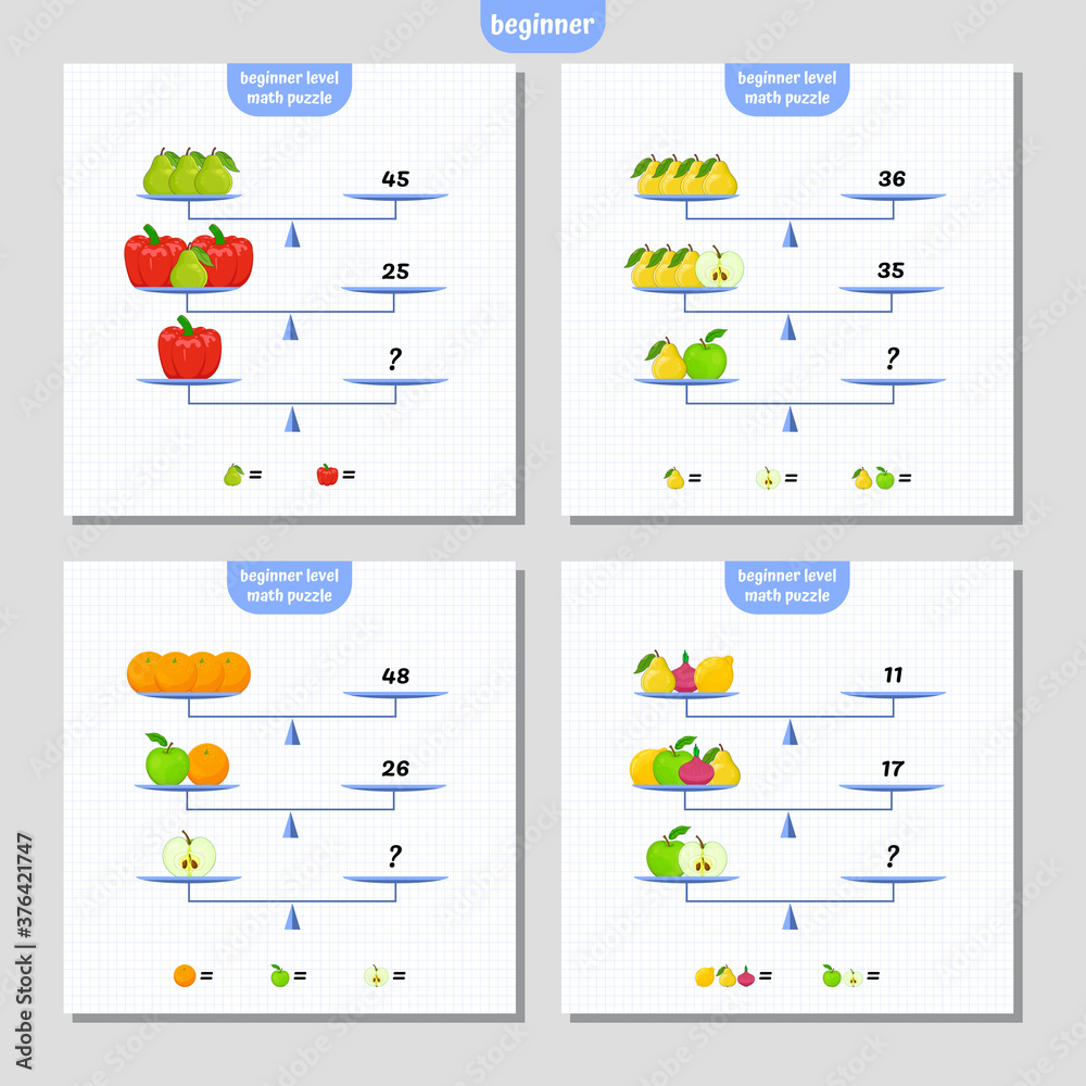 Math, Logic Puzzle Educational Game Set. Beginner level. System of ...