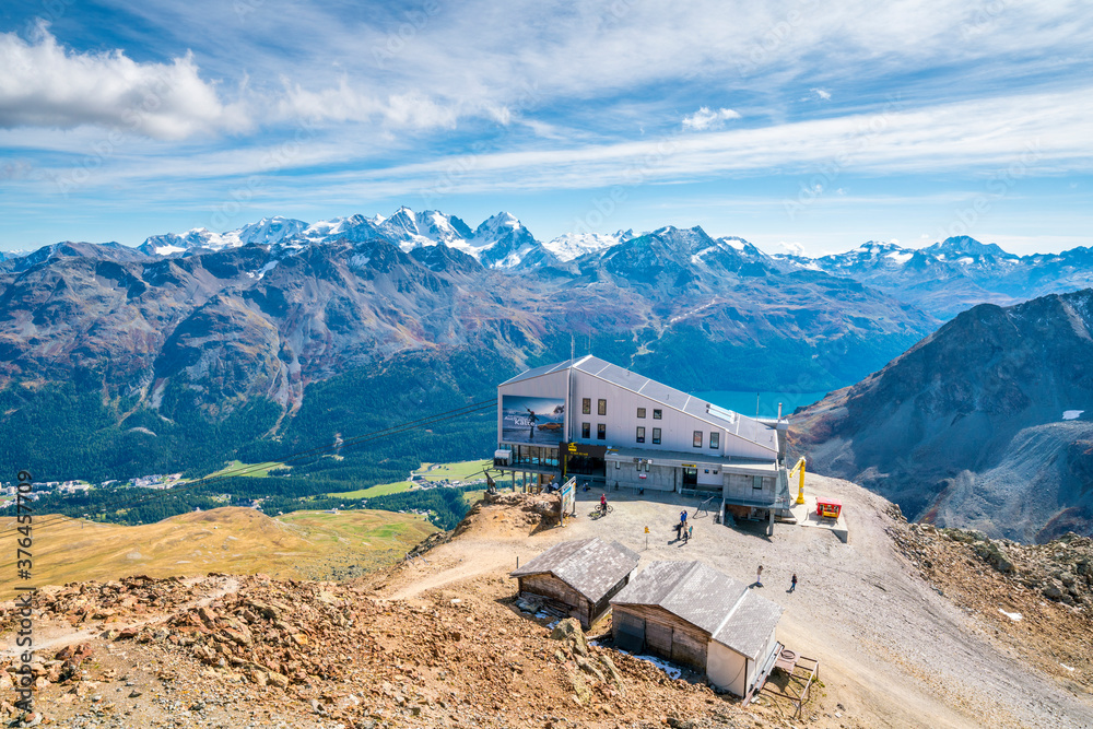 Aerial by drone of tourists at the cable car station on top of rocky ...